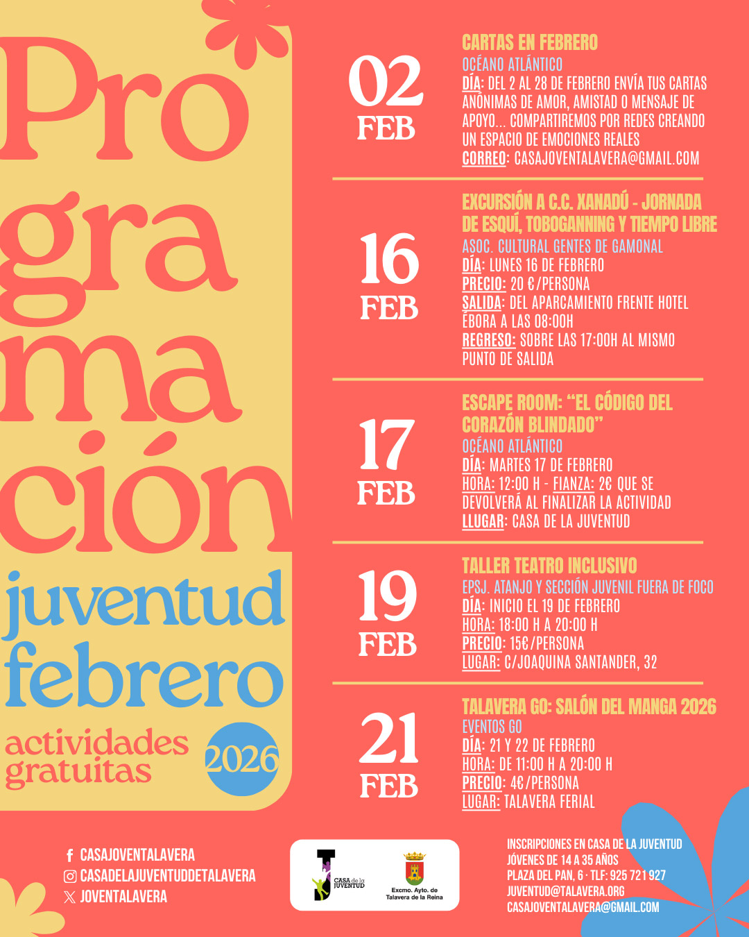 Programación Febrero 2026 de la Casa de la Juventud Talavera
